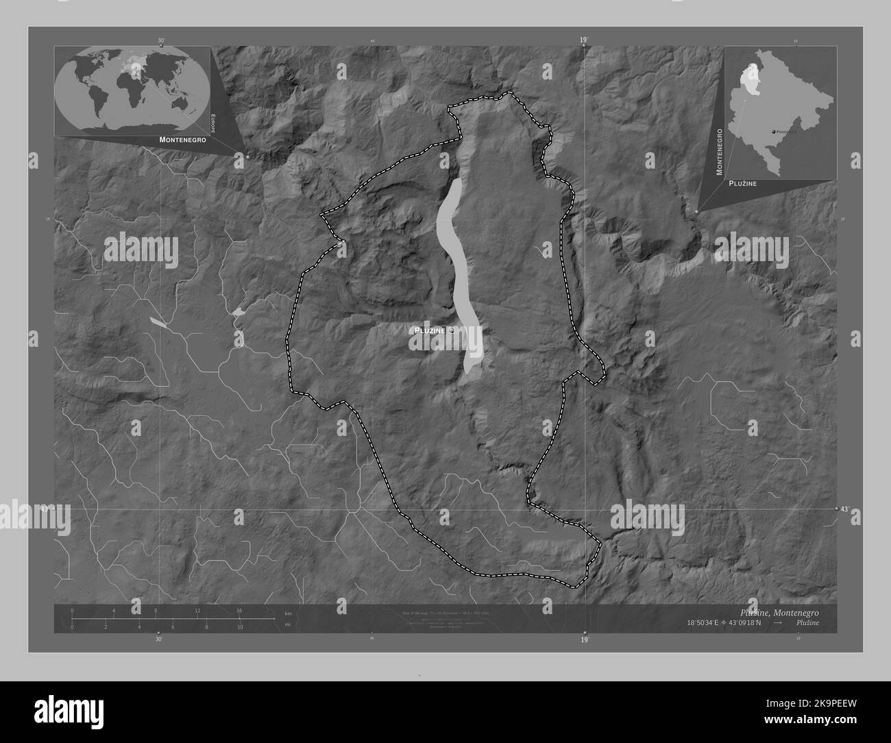 Pluzine, municipality of Montenegro. Grayscale elevation map with lakes ...