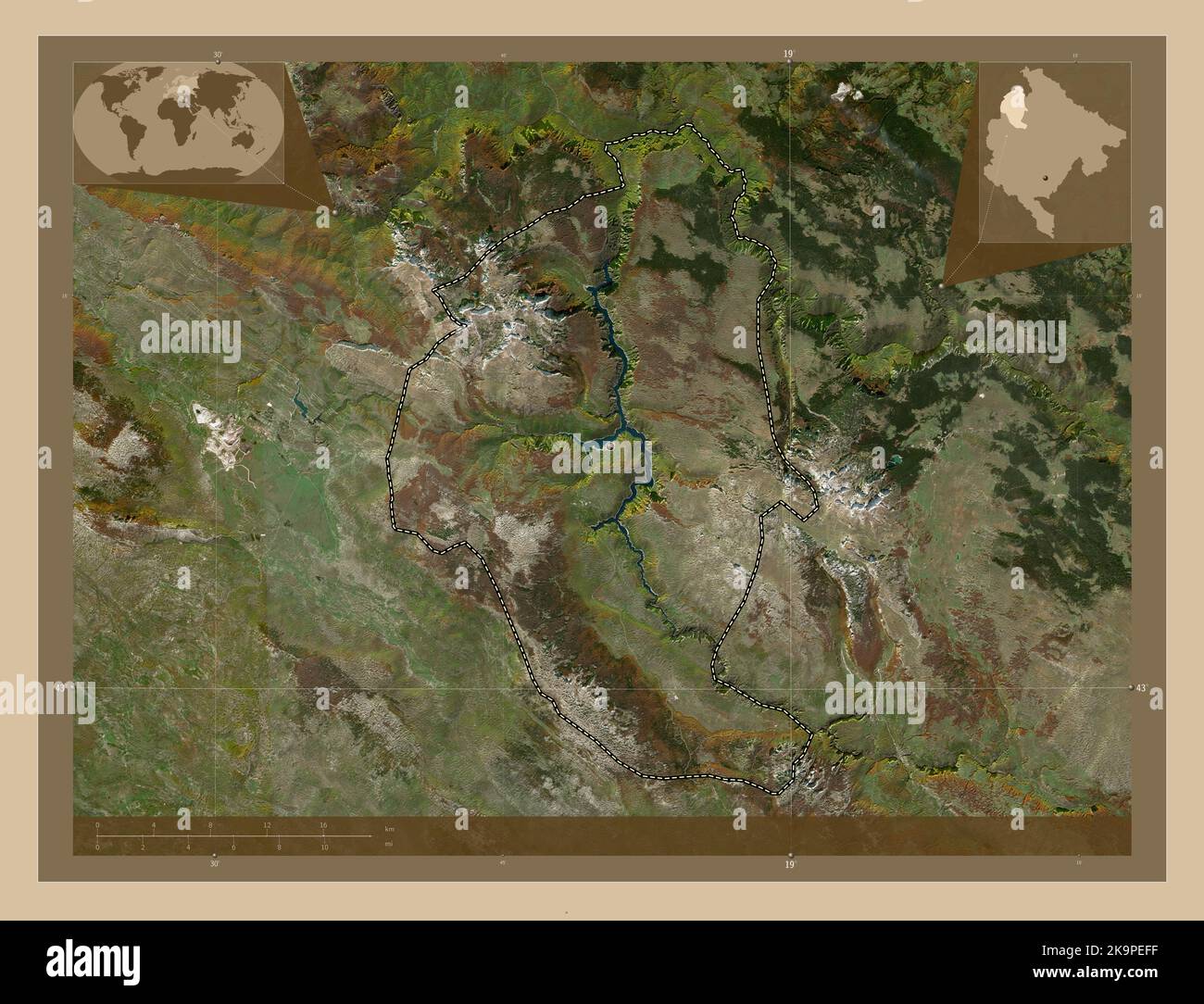 Pluzine, municipality of Montenegro. Low resolution satellite map ...