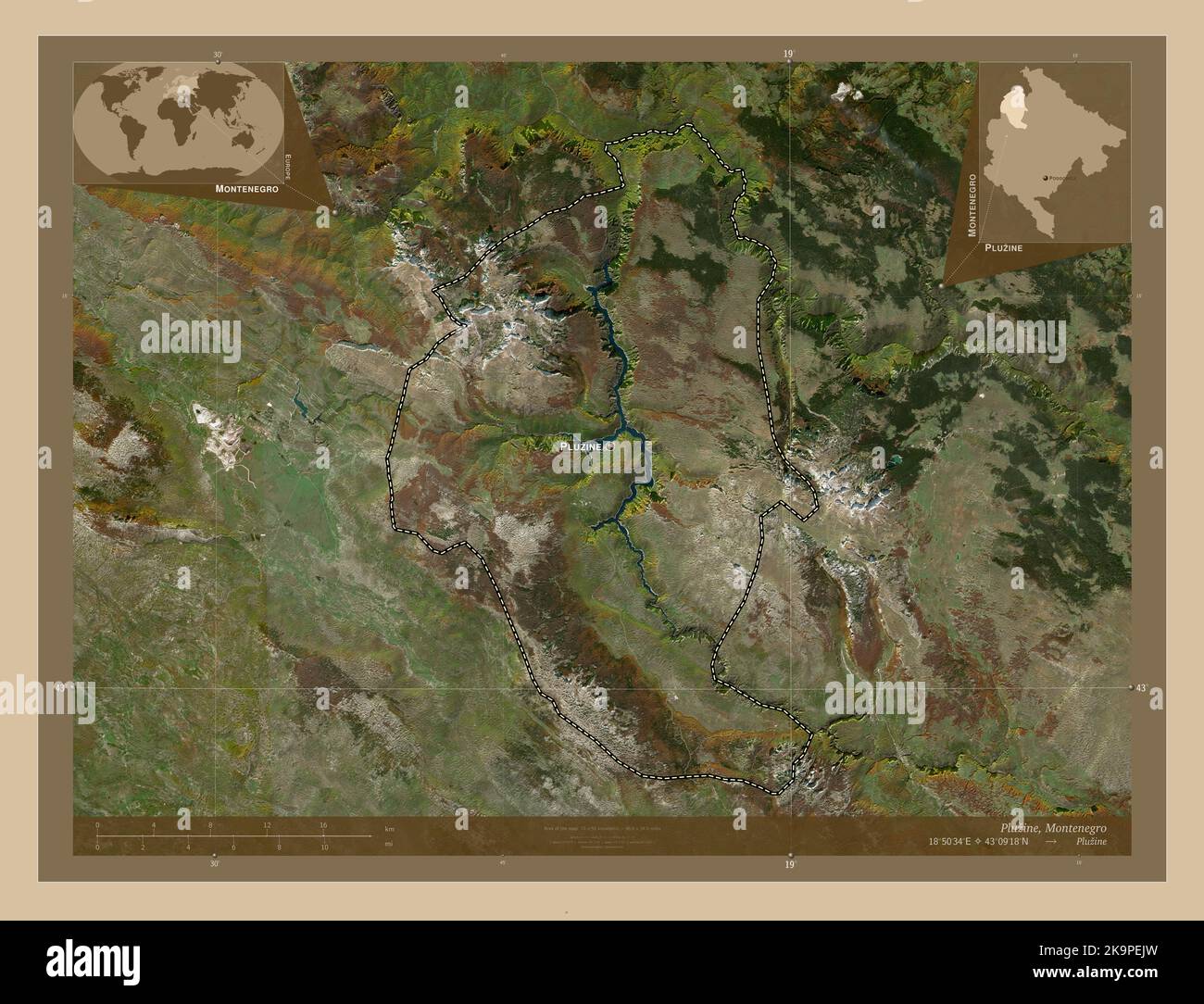 Pluzine, municipality of Montenegro. Low resolution satellite map ...