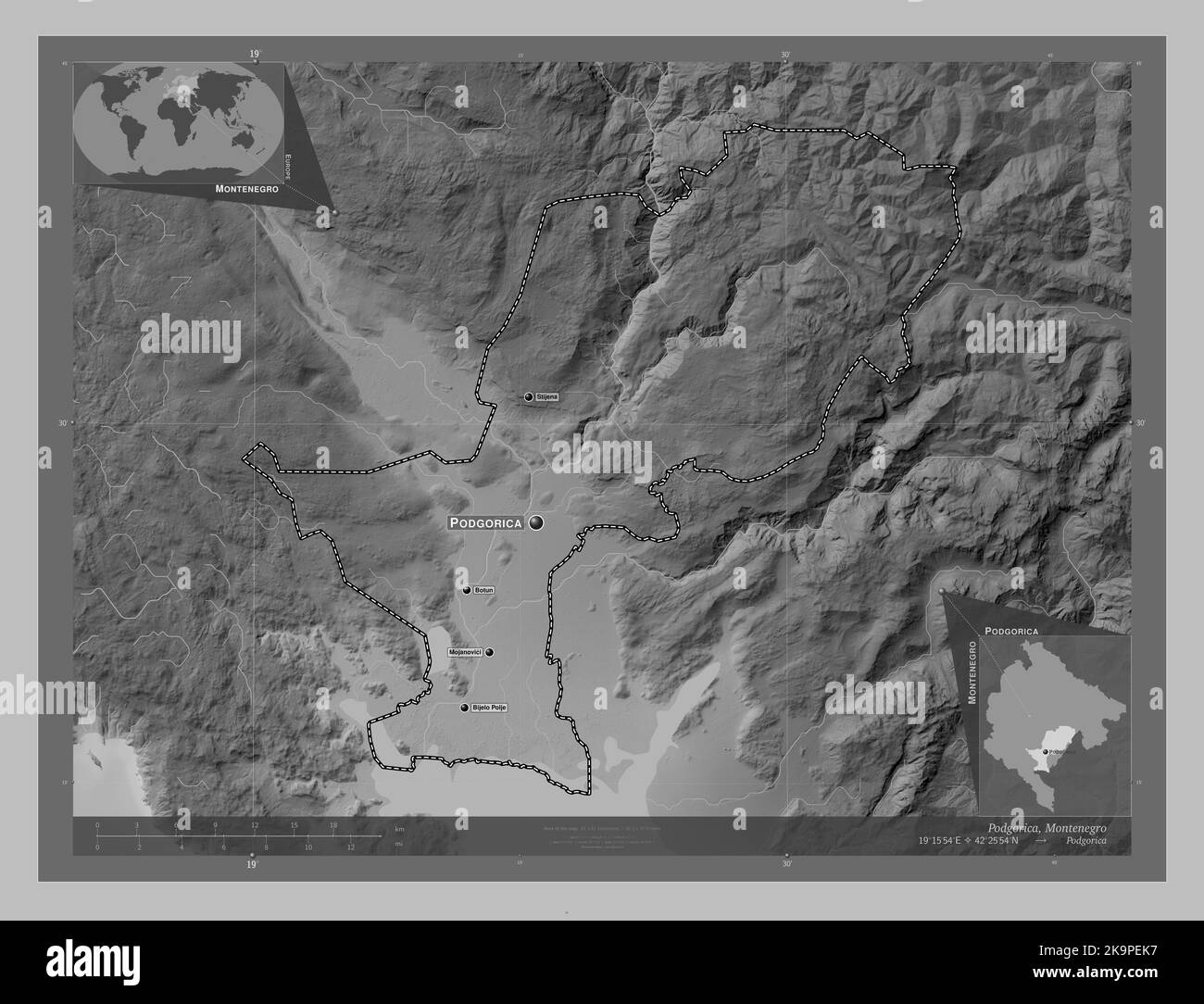 Podgorica, municipality of Montenegro. Grayscale elevation map with ...