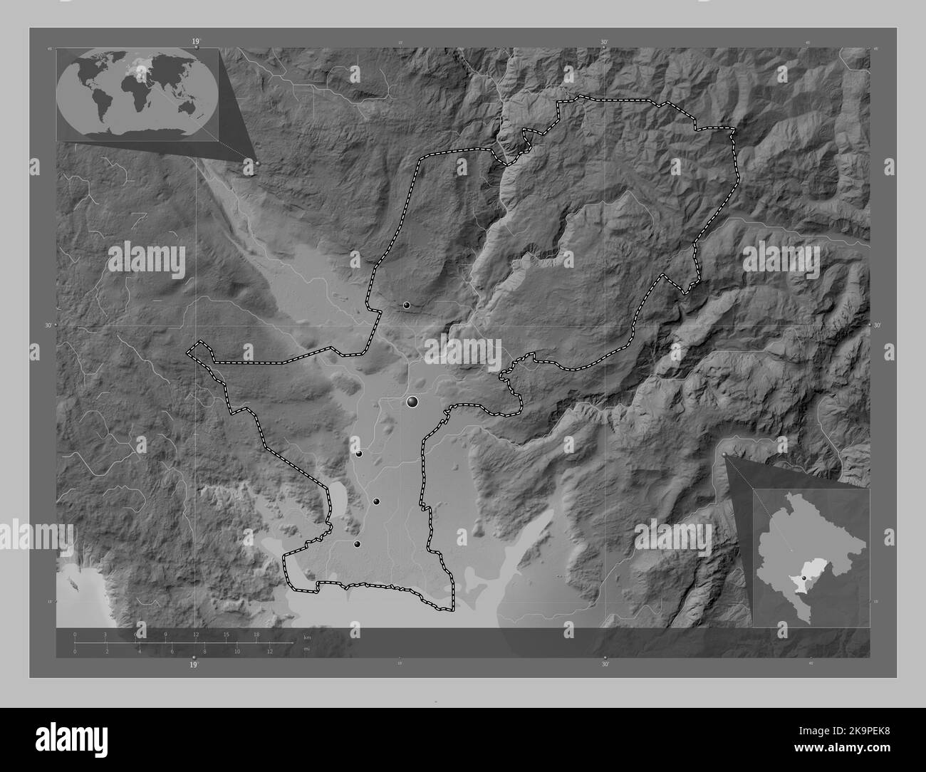 Podgorica, municipality of Montenegro. Grayscale elevation map with ...