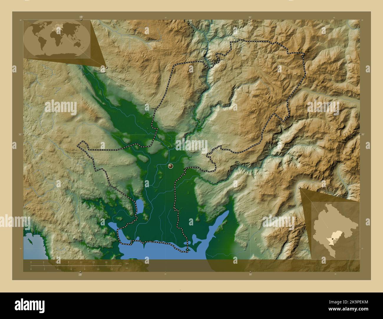 Podgorica, municipality of Montenegro. Colored elevation map with lakes ...