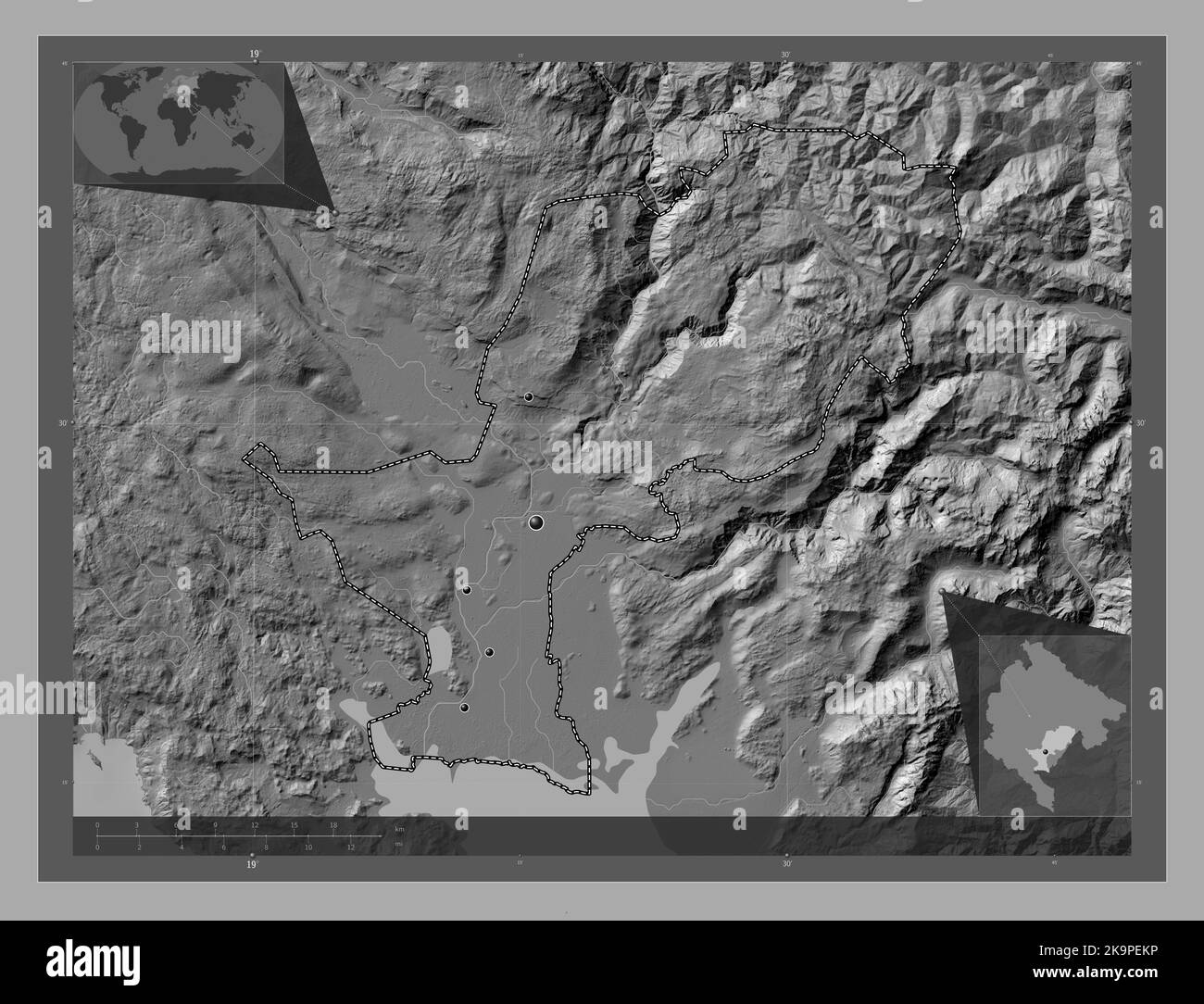 Podgorica, municipality of Montenegro. Bilevel elevation map with lakes ...