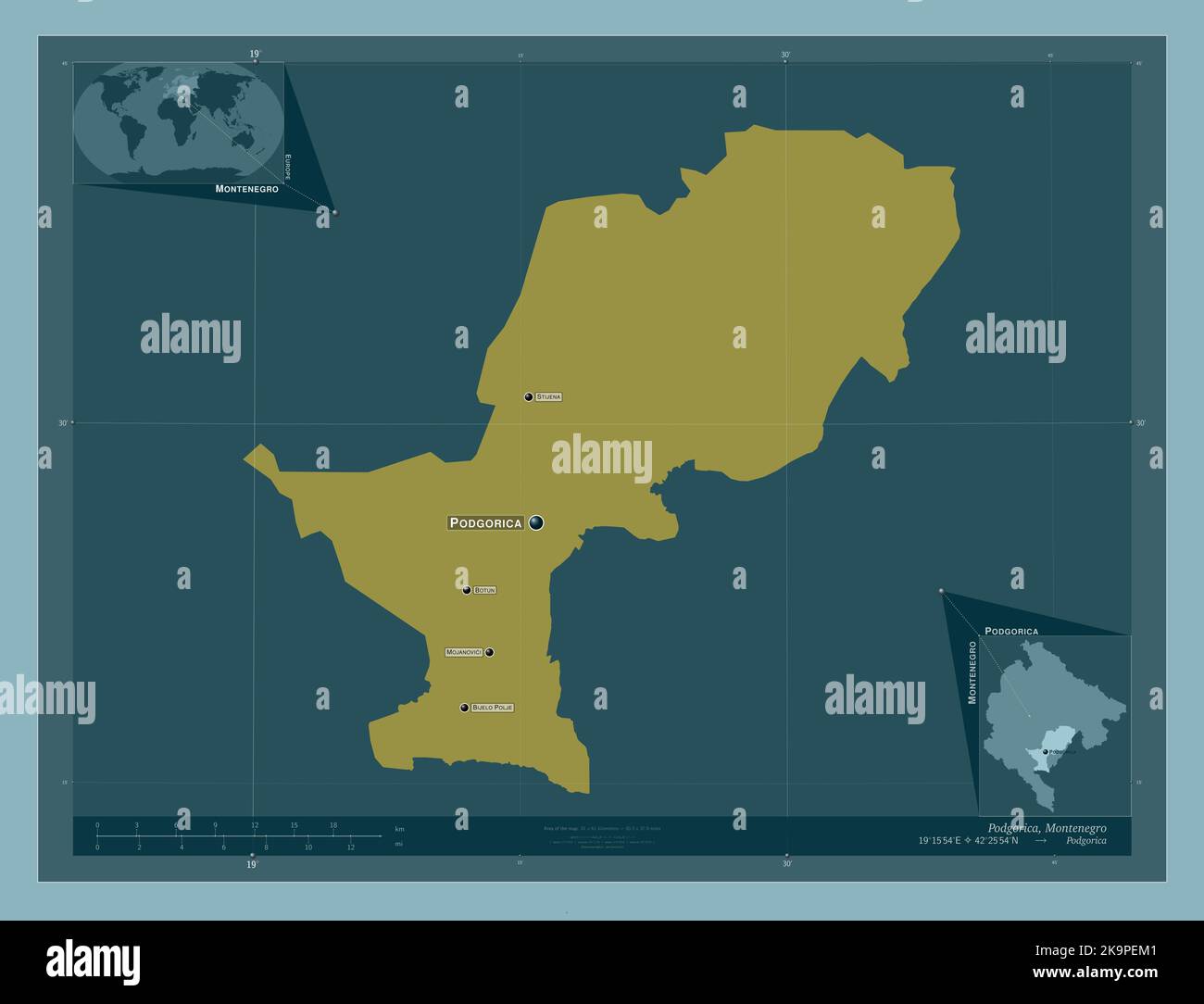 Podgorica, municipality of Montenegro. Solid color shape. Locations and ...