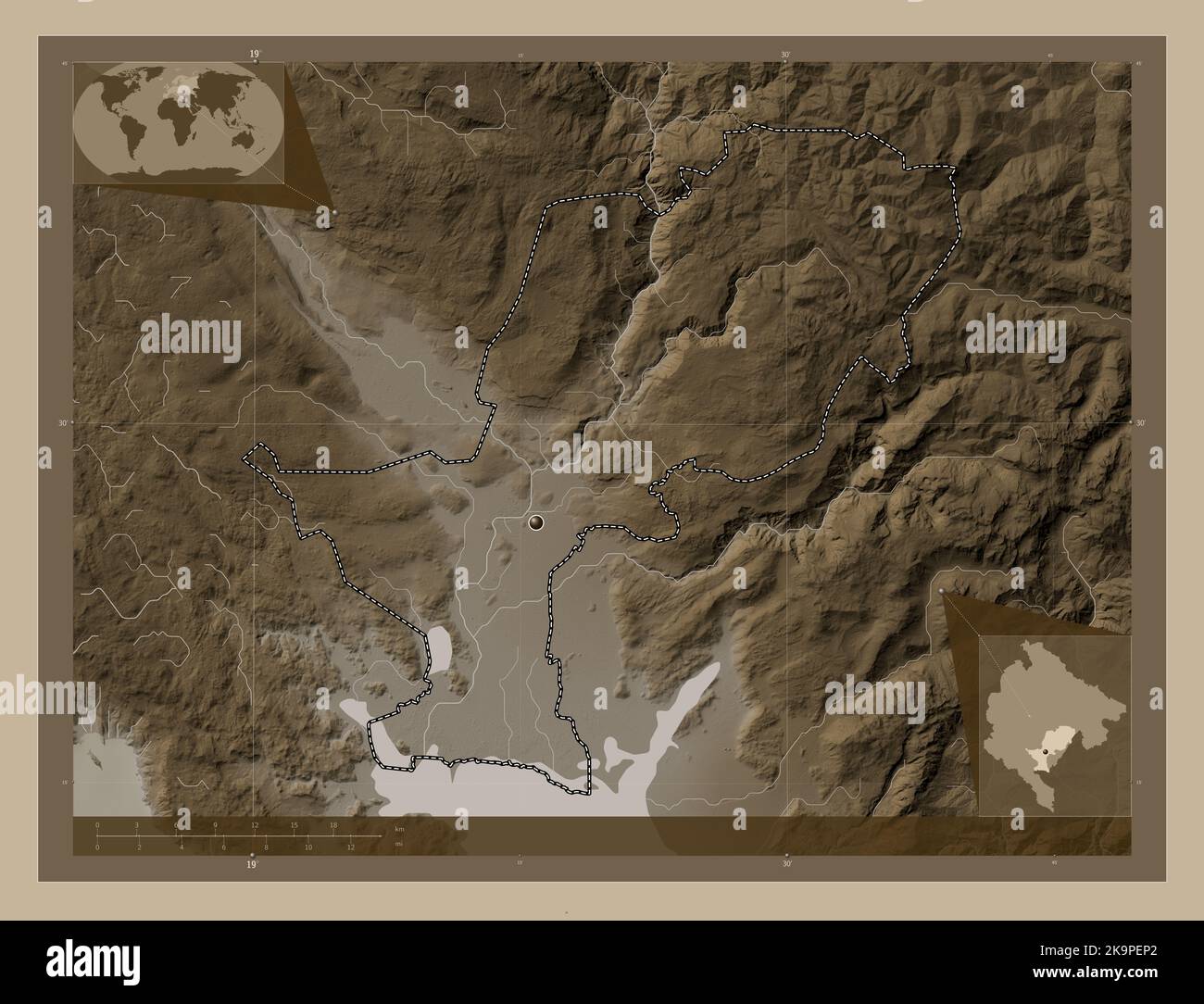 Podgorica, municipality of Montenegro. Elevation map colored in sepia ...