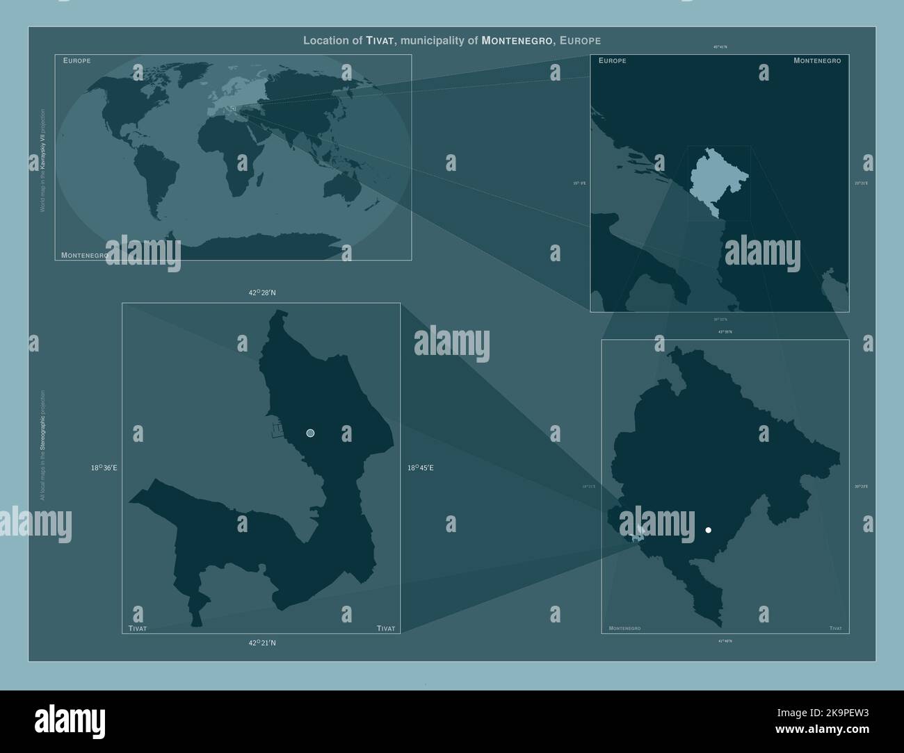 Tivat, municipality of Montenegro. Diagram showing the location of the ...