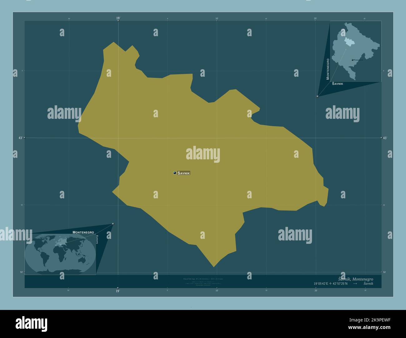 Savnik, municipality of Montenegro. Solid color shape. Locations and ...