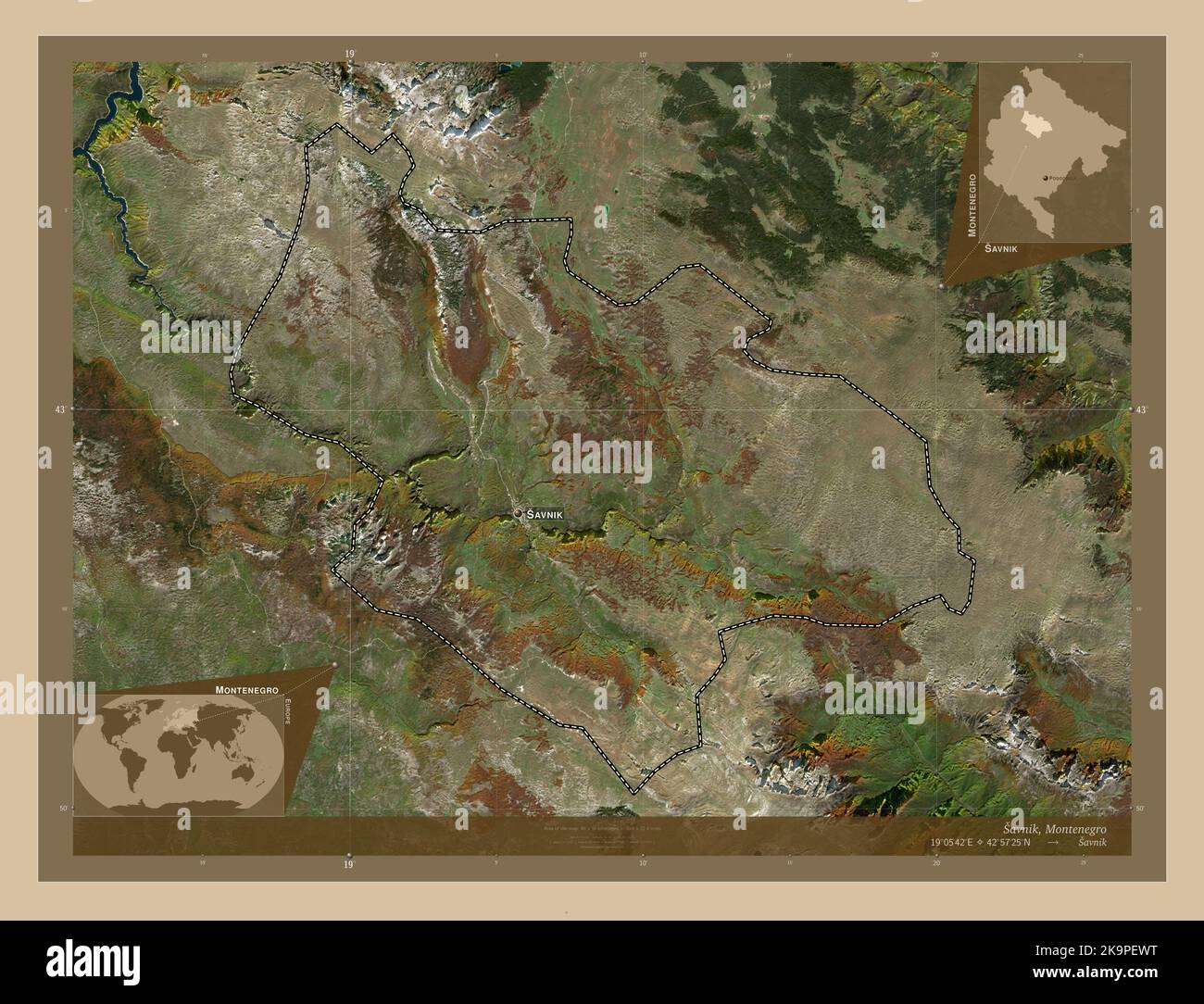 Savnik, municipality of Montenegro. Low resolution satellite map ...