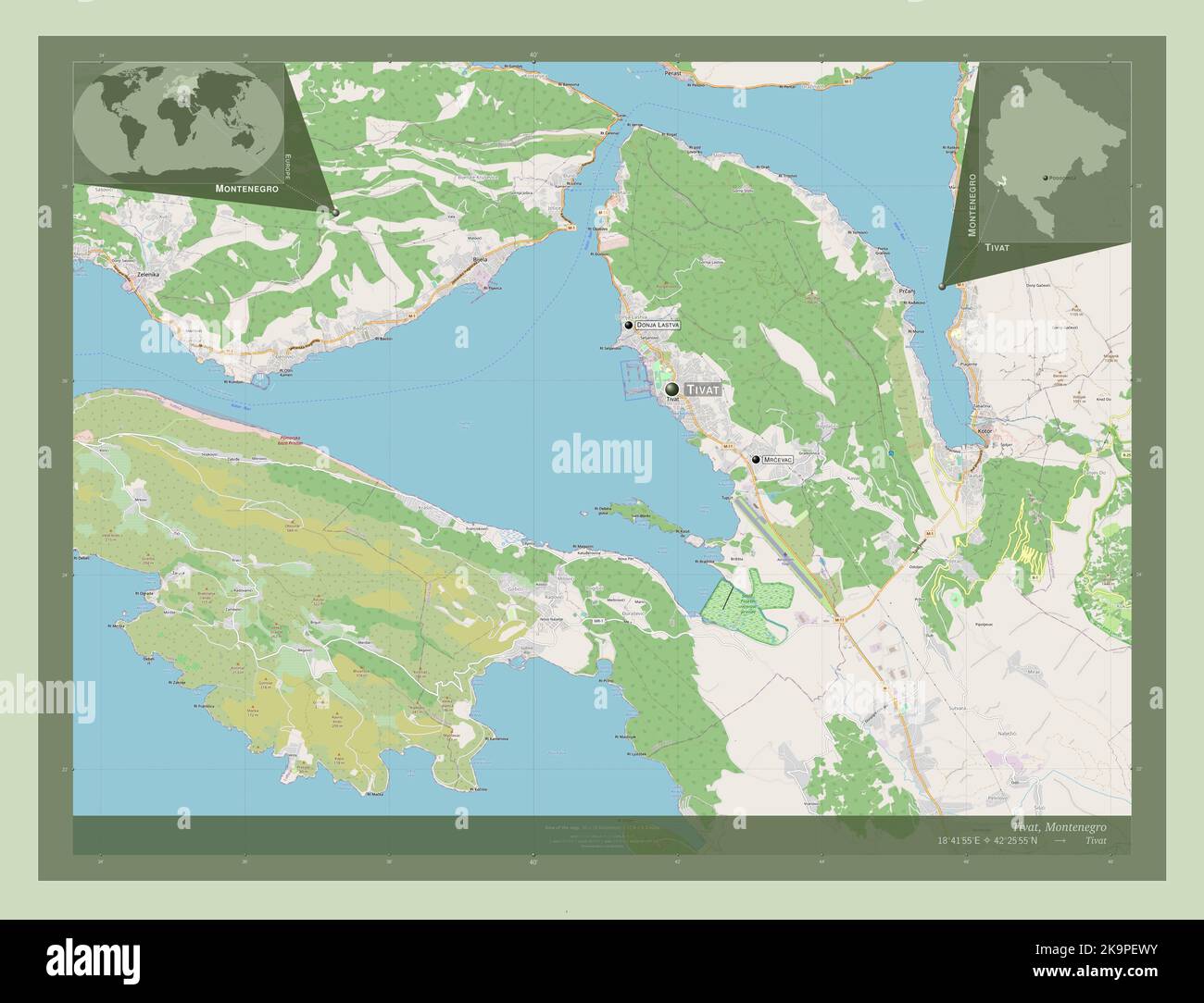 Tivat, municipality of Montenegro. Open Street Map. Locations and names ...