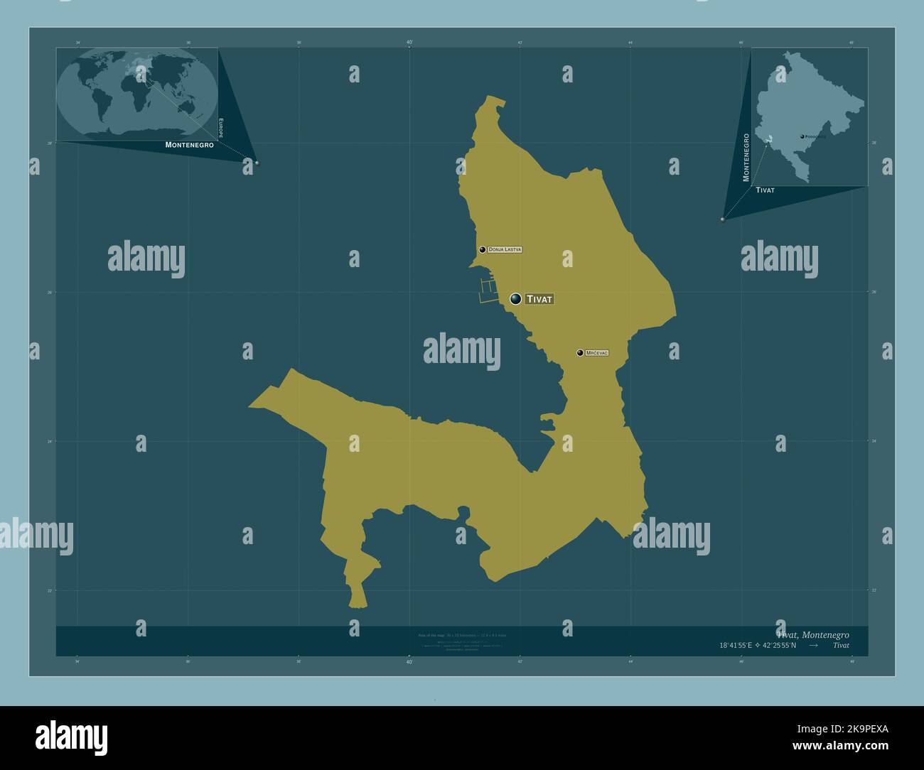 Tivat, municipality of Montenegro. Solid color shape. Locations and ...
