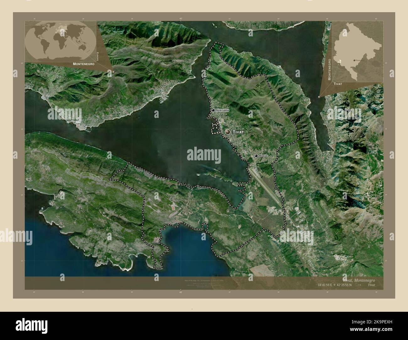 Tivat, municipality of Montenegro. High resolution satellite map ...