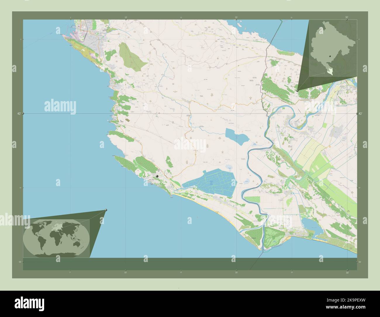 Ulcinj, municipality of Montenegro. Open Street Map. Locations of major ...