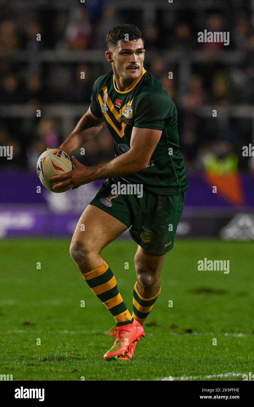 Nathan Cleary of Australia makes a break during the Rugby League World ...