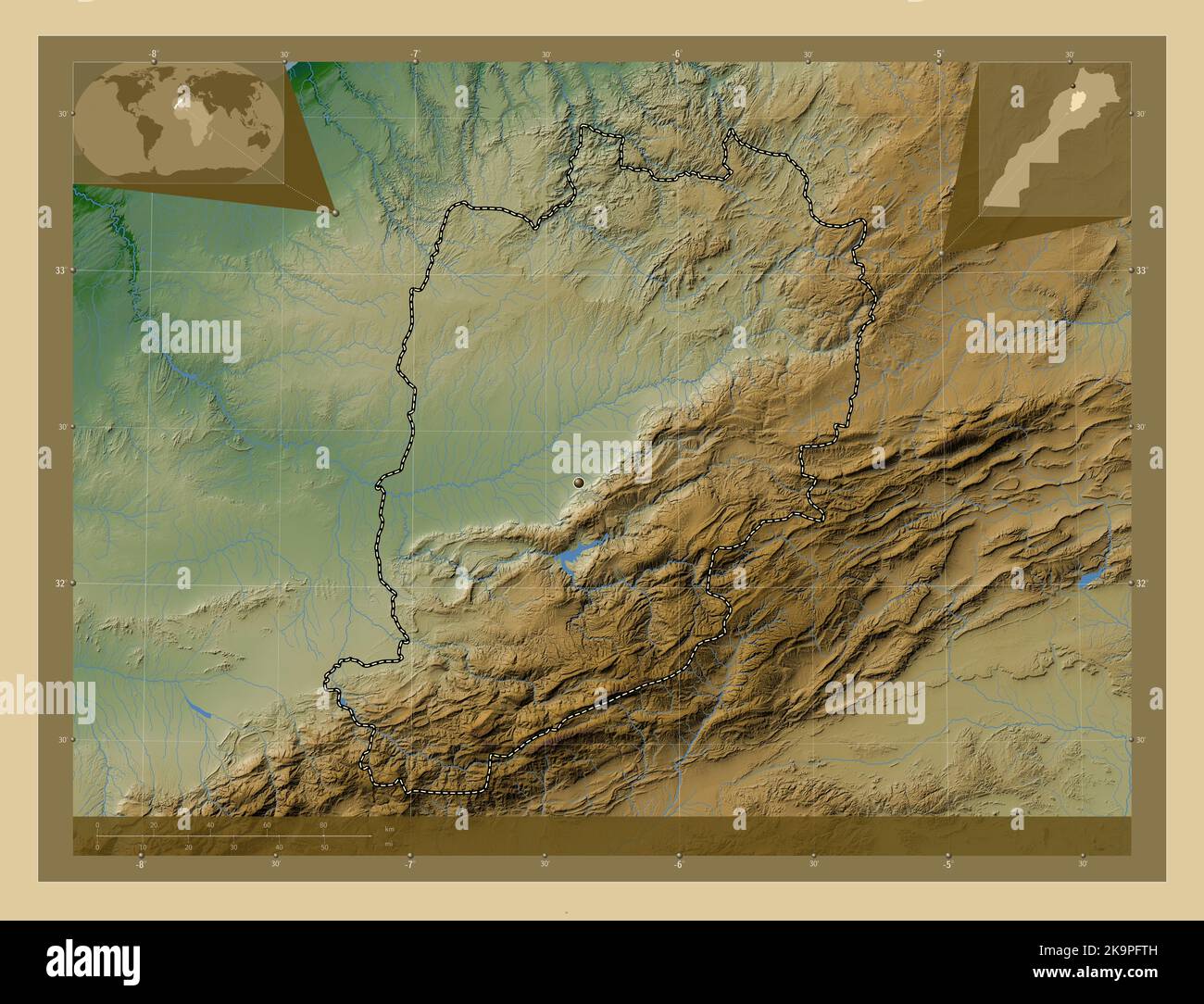 Beni Mellal-Khenifra, region of Morocco. Colored elevation map with ...