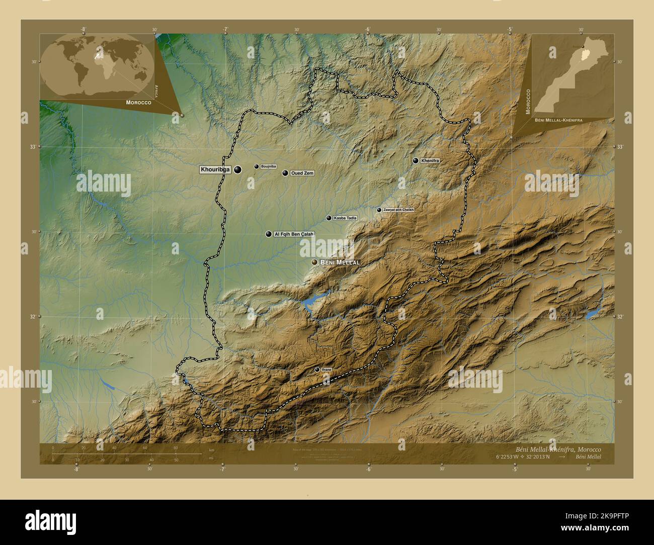 Beni Mellal-Khenifra, region of Morocco. Colored elevation map with ...