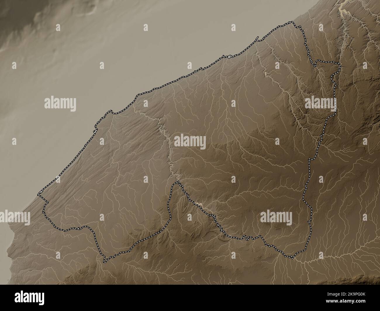 Casablanca-Settat, region of Morocco. Elevation map colored in sepia ...