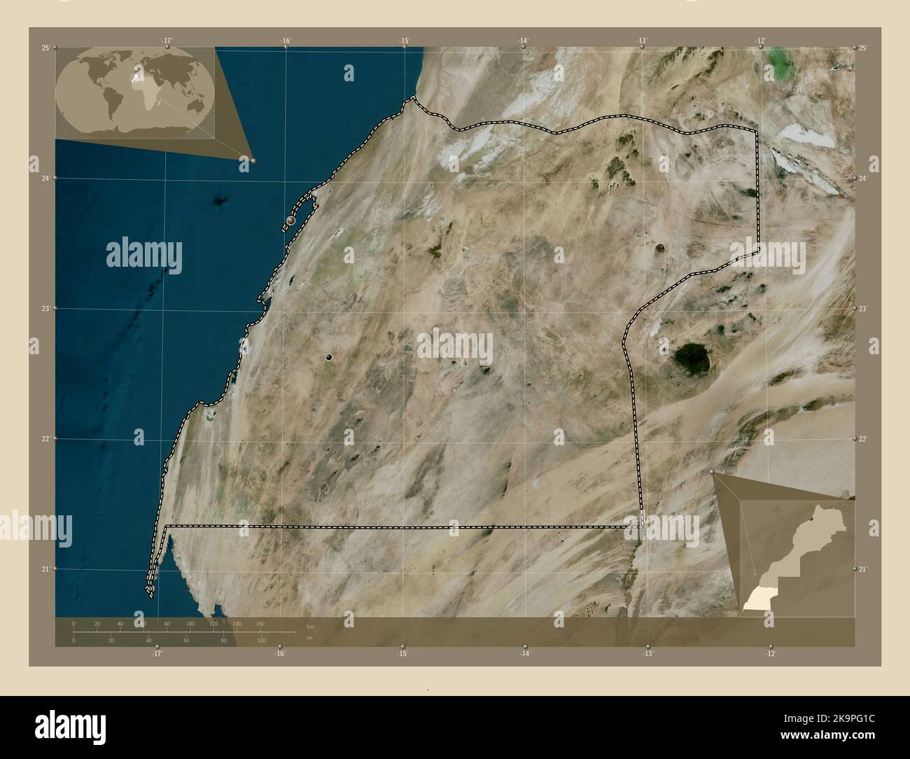 Dakhla-Oued Ed-Dahab, region of Morocco. High resolution satellite map. Locations of major ...