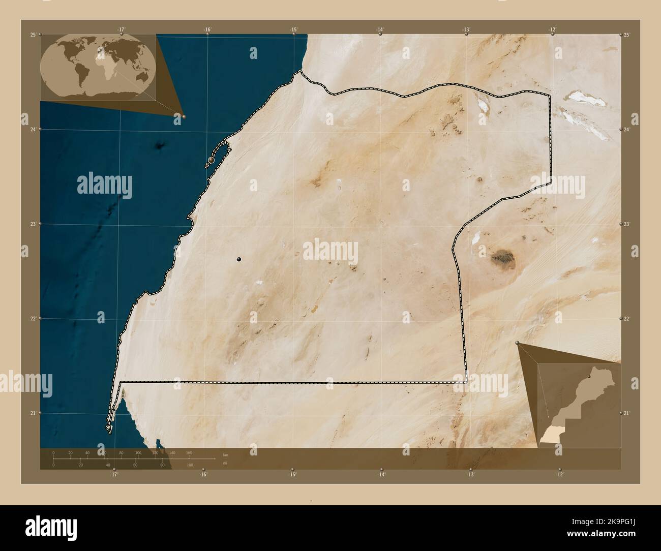 Dakhla-Oued Ed-Dahab, region of Morocco. Low resolution satellite map. Locations of major cities ...