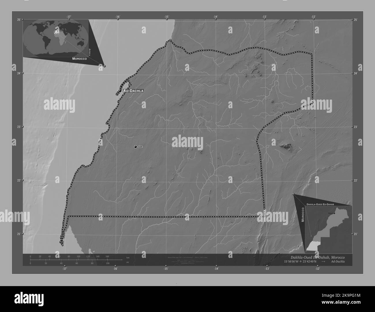 Dakhla-Oued Ed-Dahab, region of Morocco. Bilevel elevation map with ...