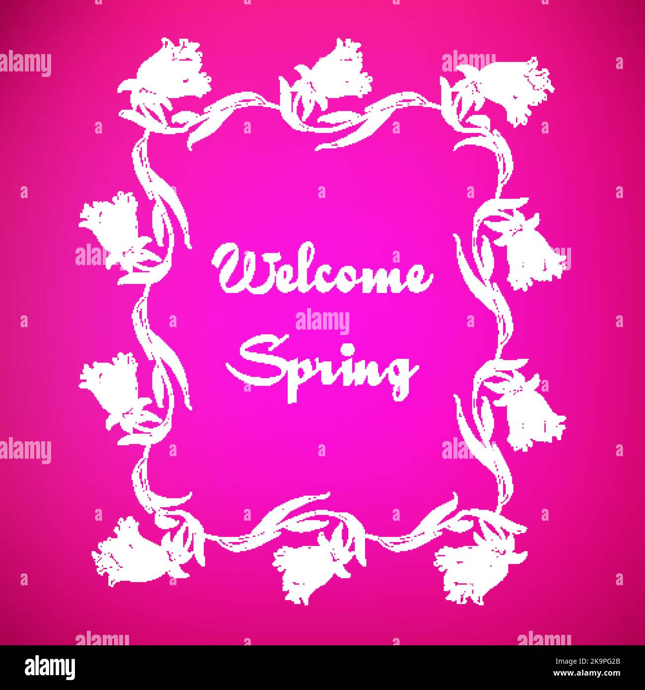 Welcome spring lettering on bright blurred background with floral frame ...