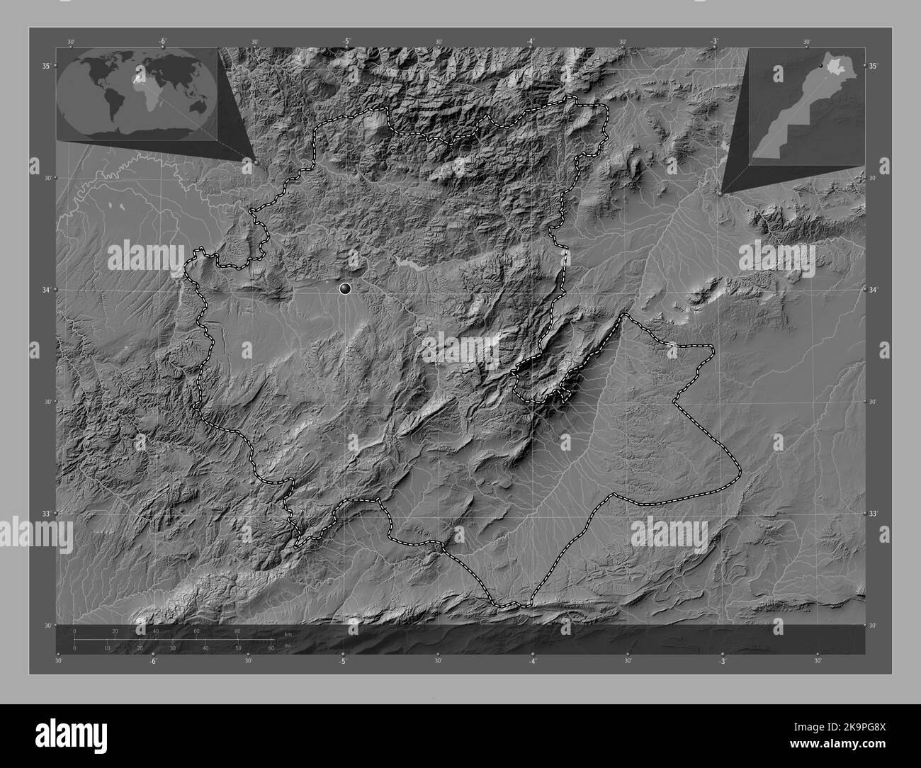 Fes-Meknes, region of Morocco. Bilevel elevation map with lakes and ...