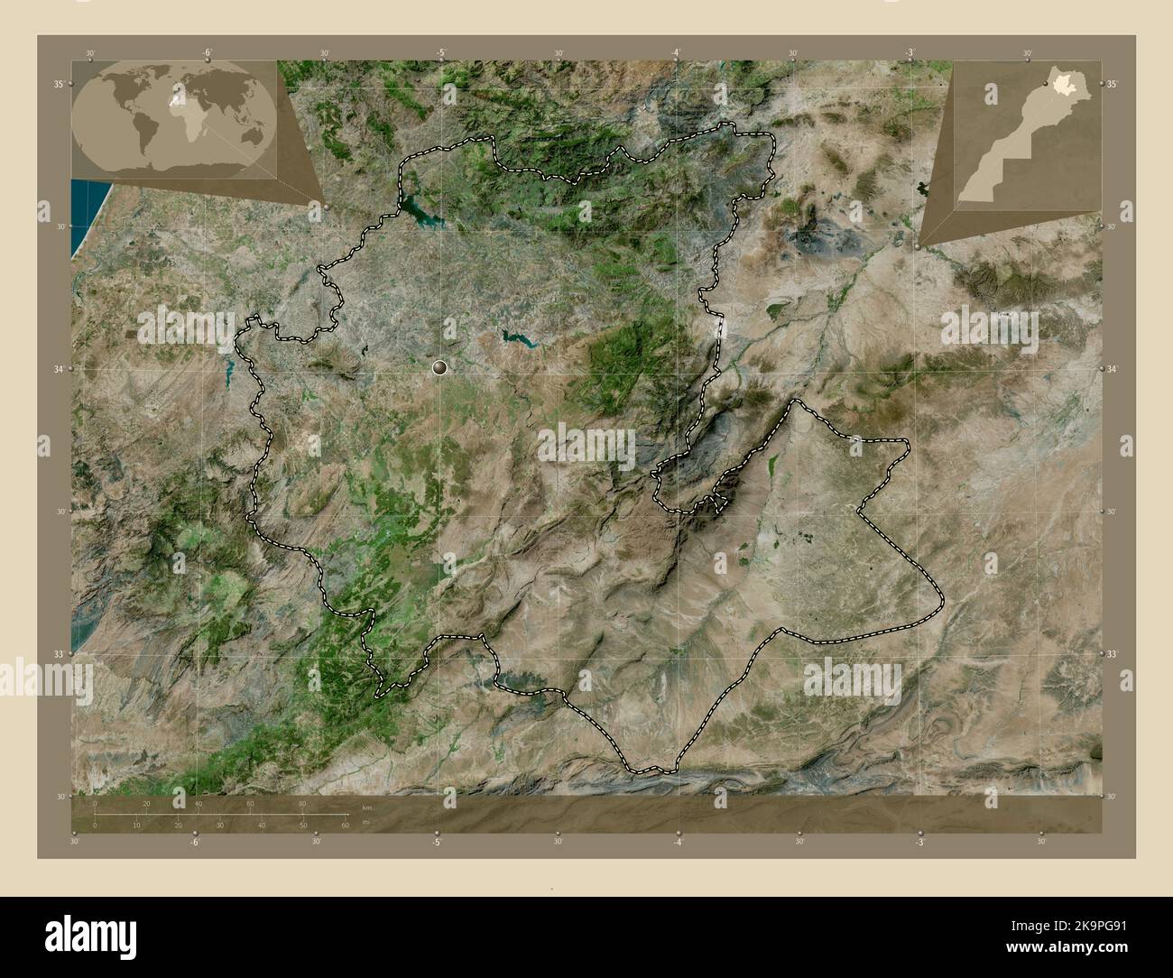 Fes-Meknes, region of Morocco. High resolution satellite map. Corner ...
