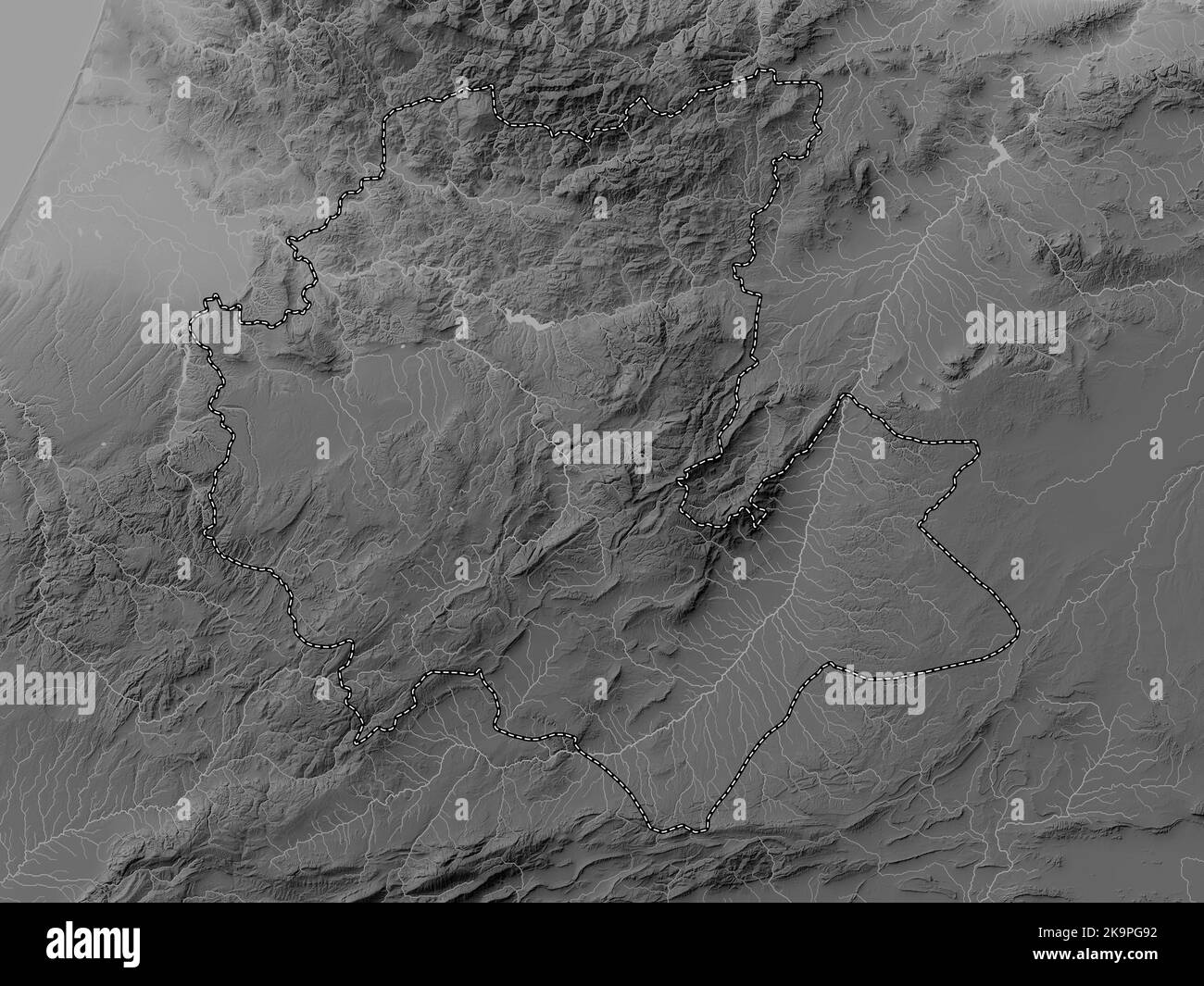 Fes-Meknes, region of Morocco. Grayscale elevation map with lakes and ...