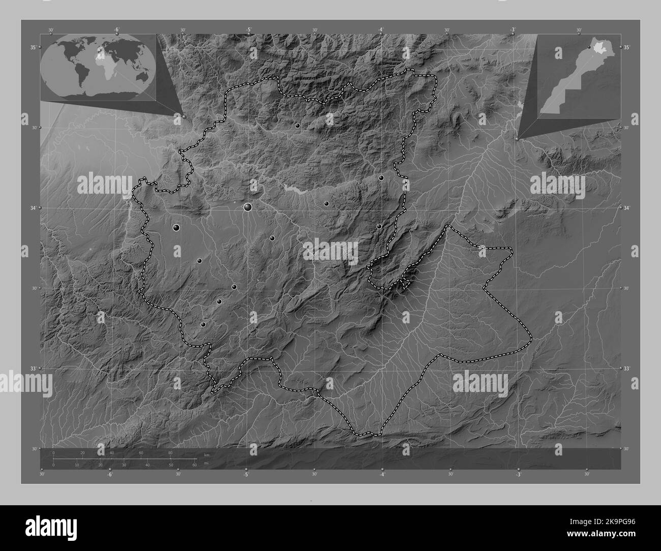 Fes-Meknes, region of Morocco. Grayscale elevation map with lakes and ...