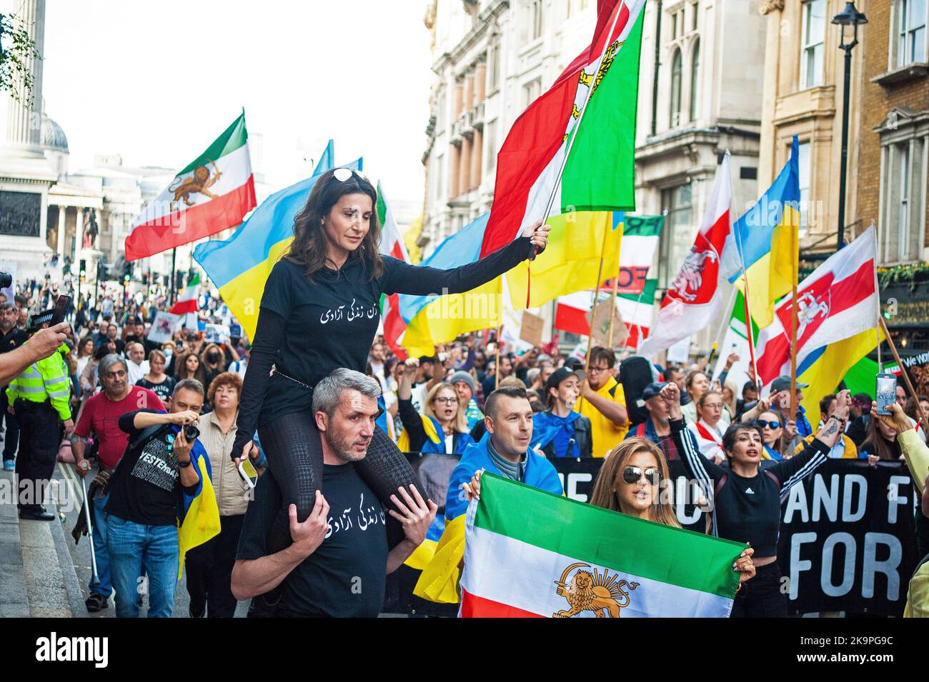 London, UK. 29th Oct, 2022. Joint Iran and Ukraine protest. Iranians ...