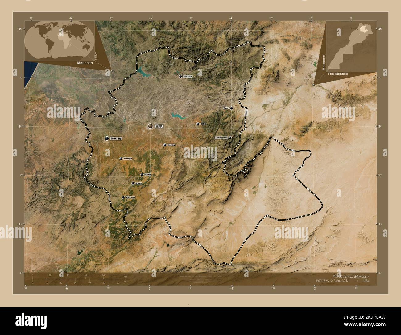 Fes-Meknes, region of Morocco. Low resolution satellite map. Locations ...