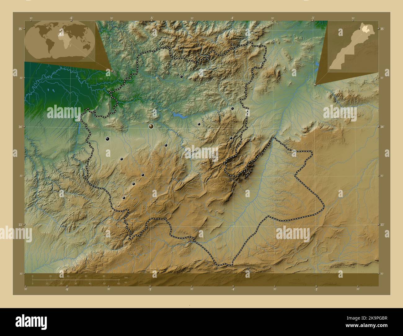 Fes-Meknes, region of Morocco. Colored elevation map with lakes and ...