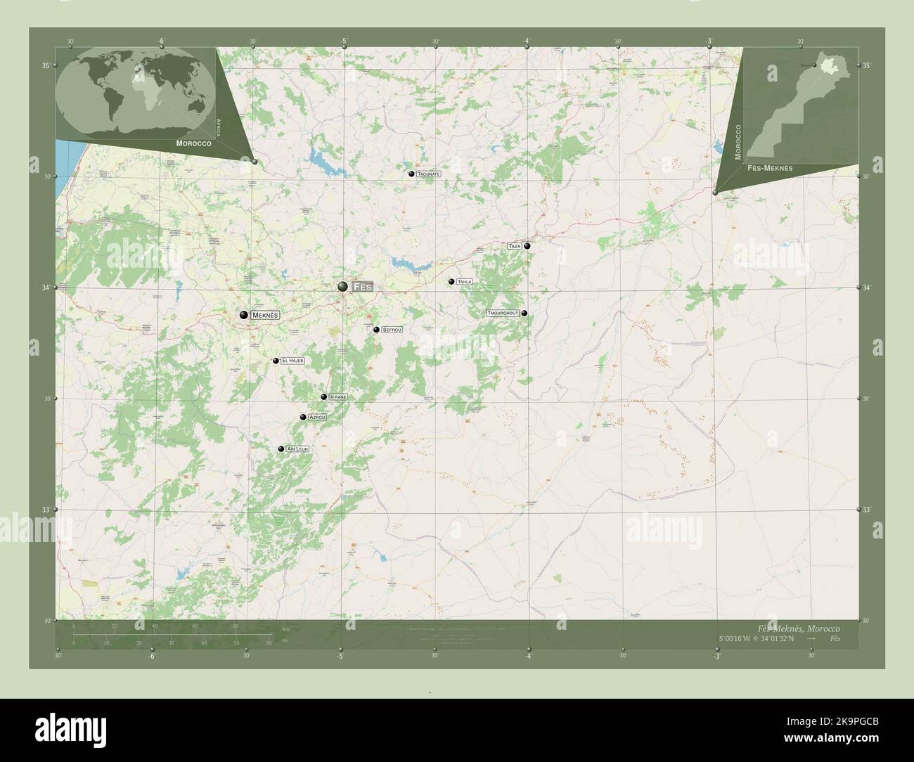 Fes-Meknes, region of Morocco. Open Street Map. Locations and names of ...