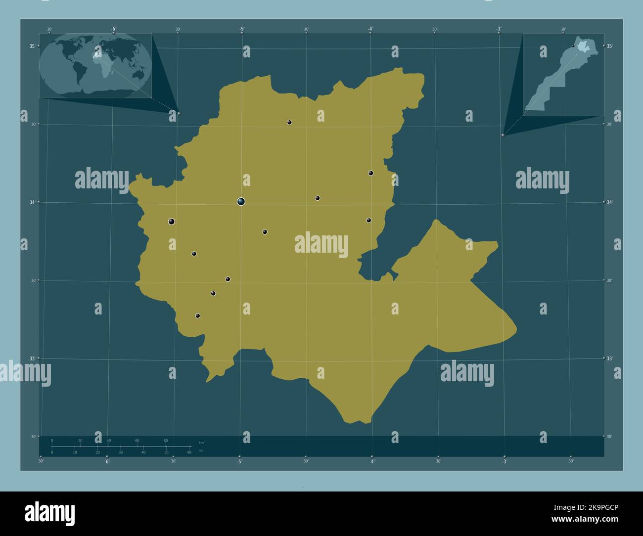 Fes-Meknes, region of Morocco. Solid color shape. Locations of major ...