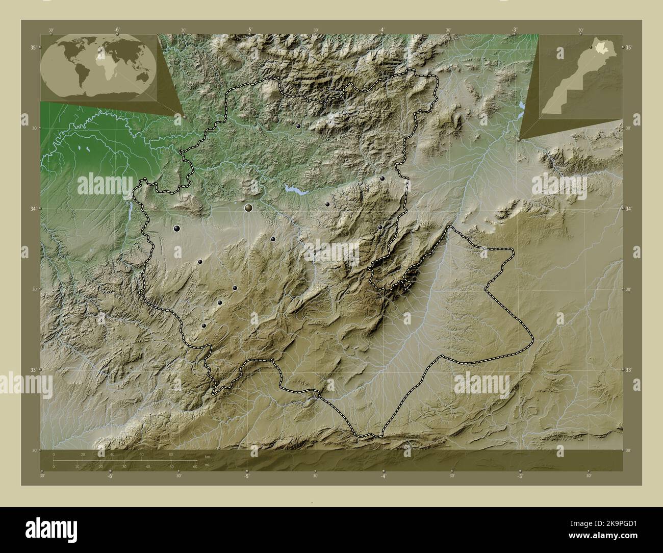 Fes-Meknes, region of Morocco. Elevation map colored in wiki style with ...