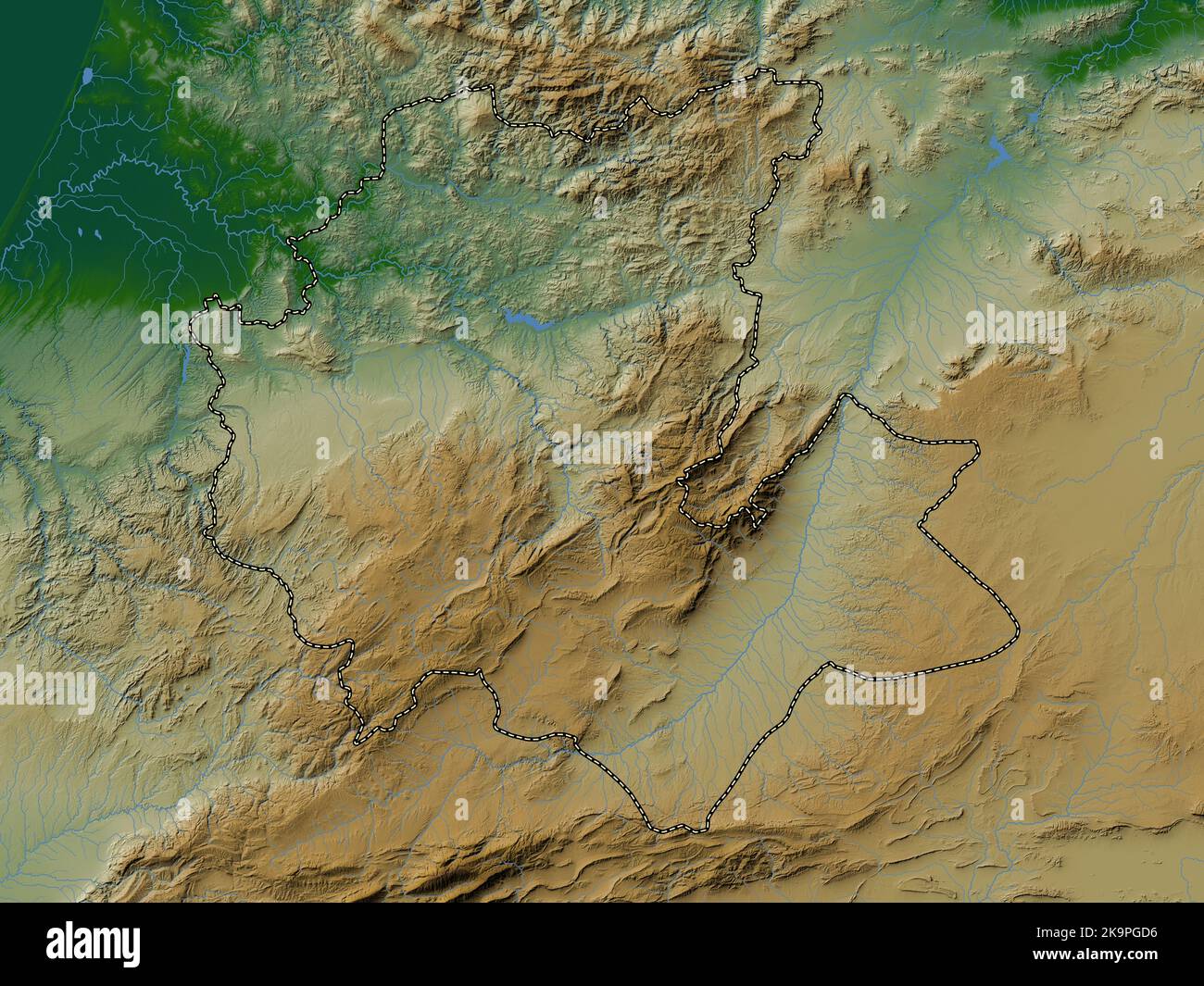 Fes-Meknes, region of Morocco. Colored elevation map with lakes and ...
