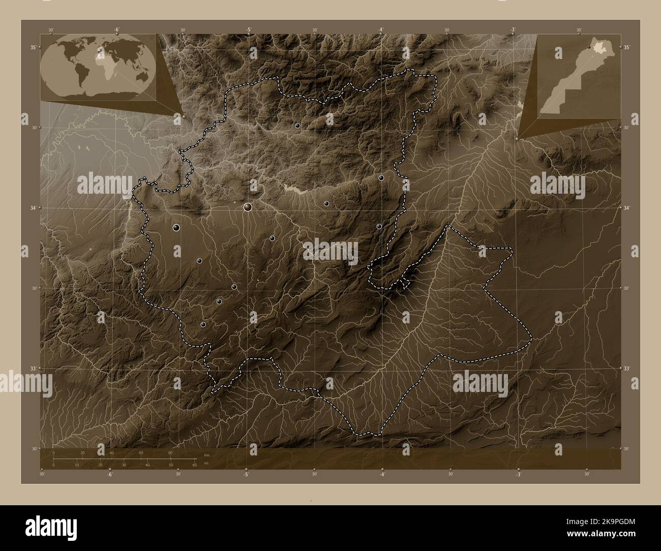 Fes-Meknes, region of Morocco. Elevation map colored in sepia tones ...