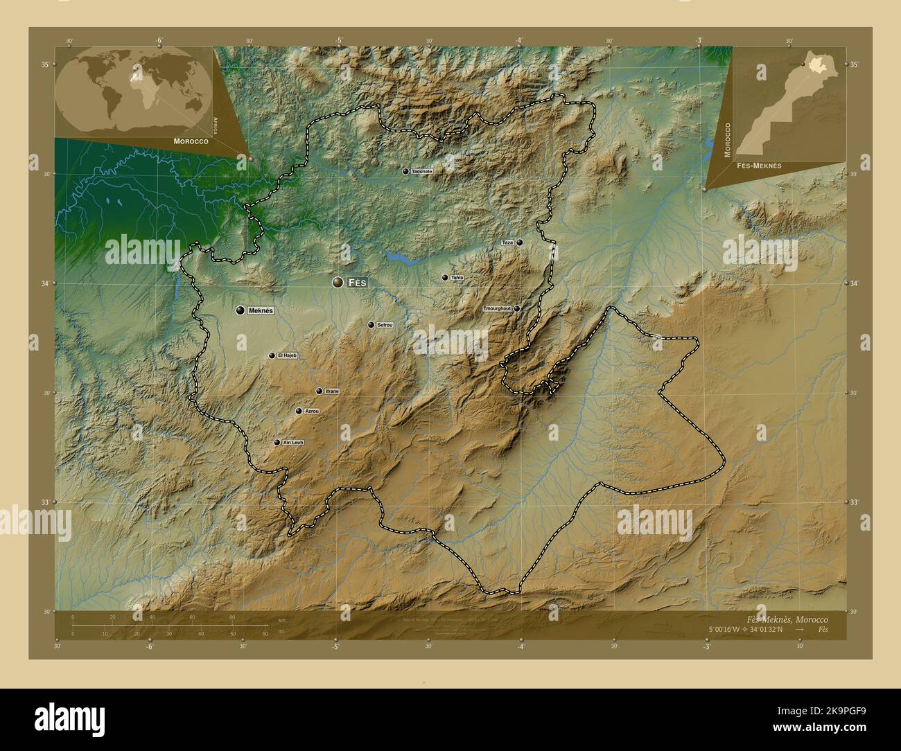 Fes-Meknes, region of Morocco. Colored elevation map with lakes and ...