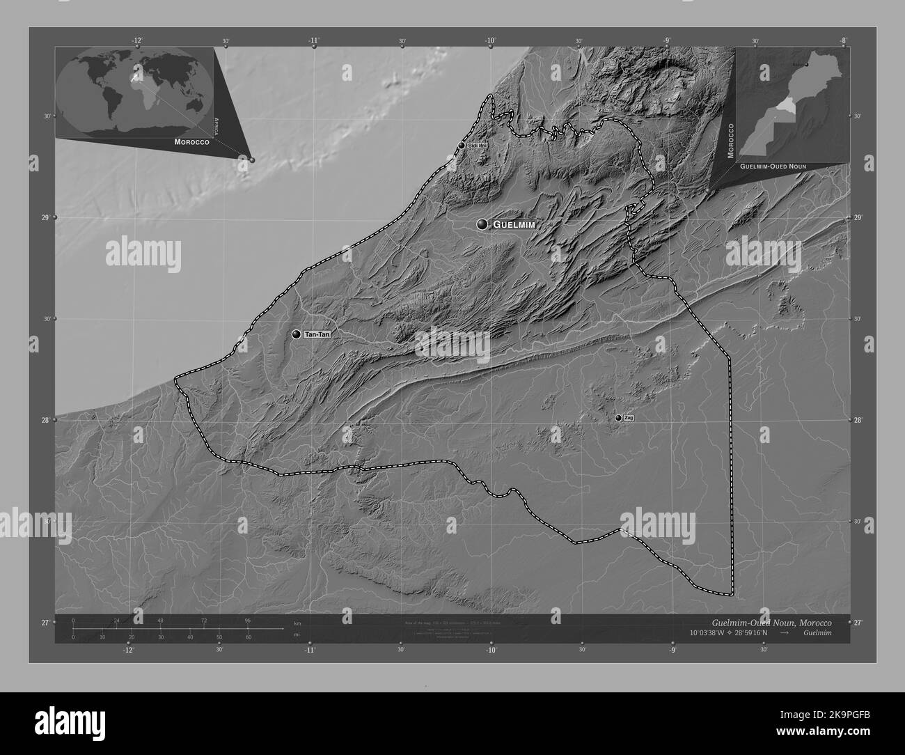 Guelmim-Oued Noun, region of Morocco. Bilevel elevation map with lakes ...
