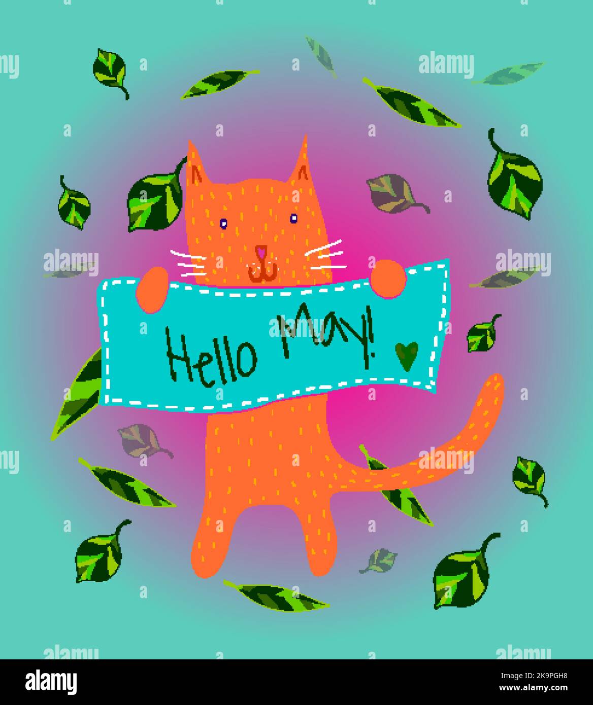 Cartoon cat with Hello May banner. Green leaves on polygonal blue ...
