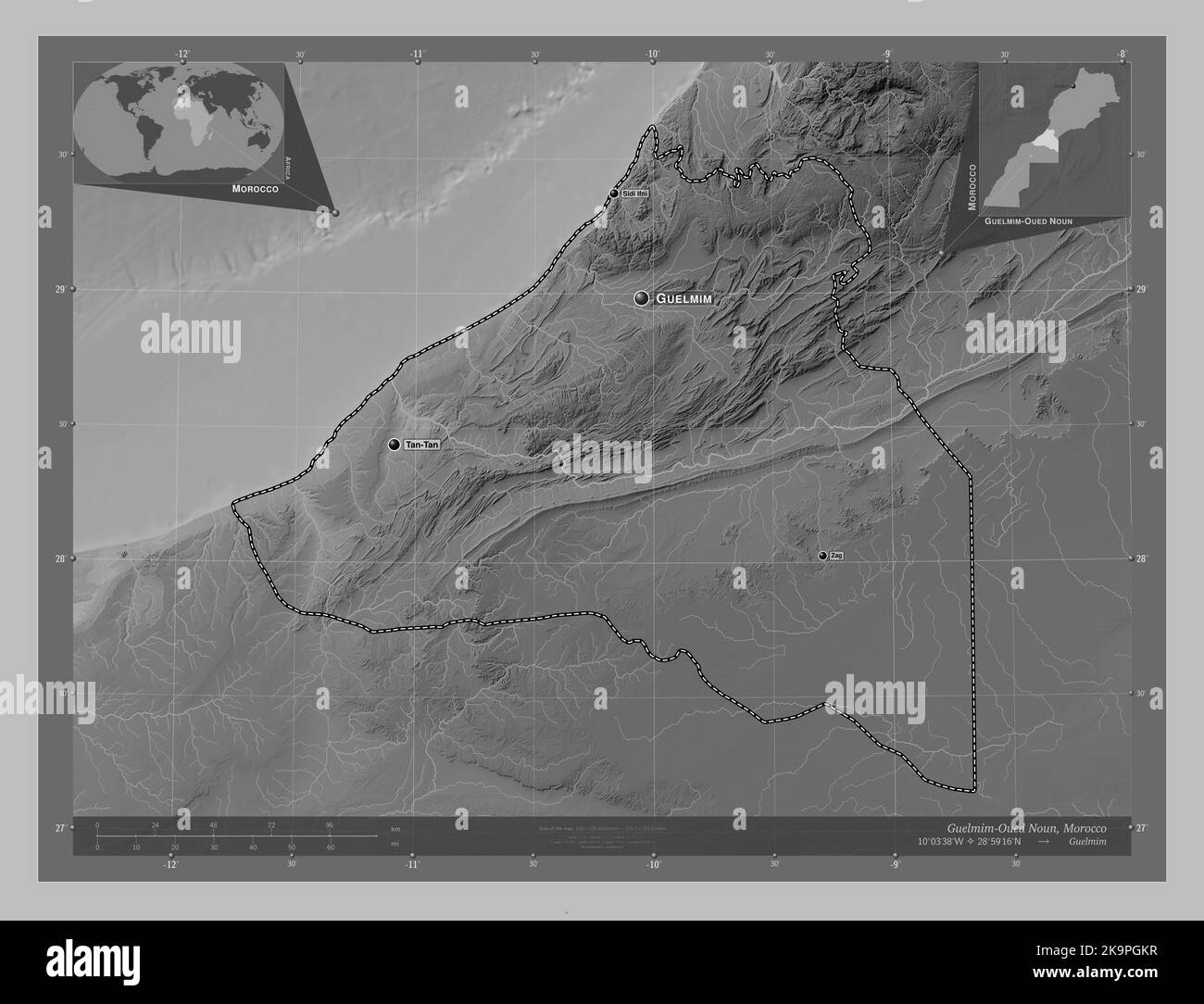 Guelmim-Oued Noun, region of Morocco. Grayscale elevation map with ...
