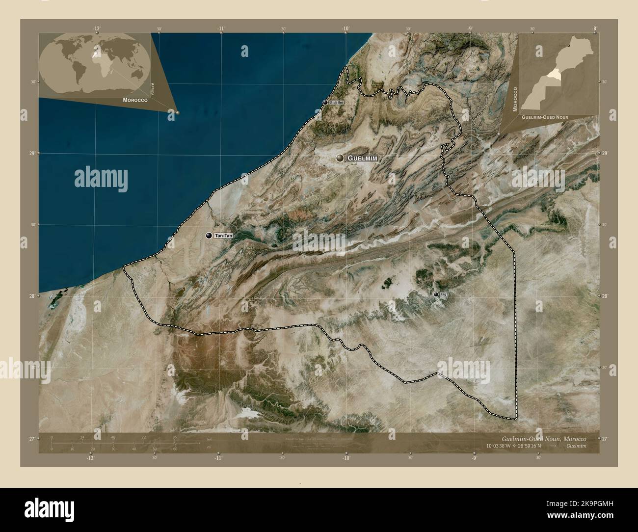 Guelmim-Oued Noun, region of Morocco. High resolution satellite map. Locations and names of ...