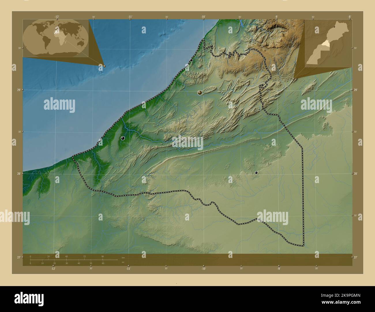 Guelmim-Oued Noun, region of Morocco. Colored elevation map with lakes ...