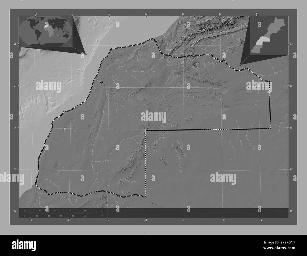 Laayoune-Sakia El Hamra, region of Morocco. Bilevel elevation map with ...