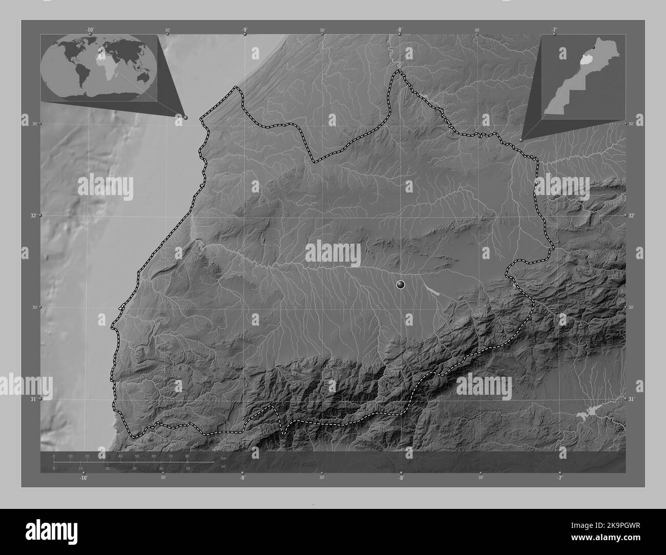Marrakech-Safi, region of Morocco. Grayscale elevation map with lakes ...