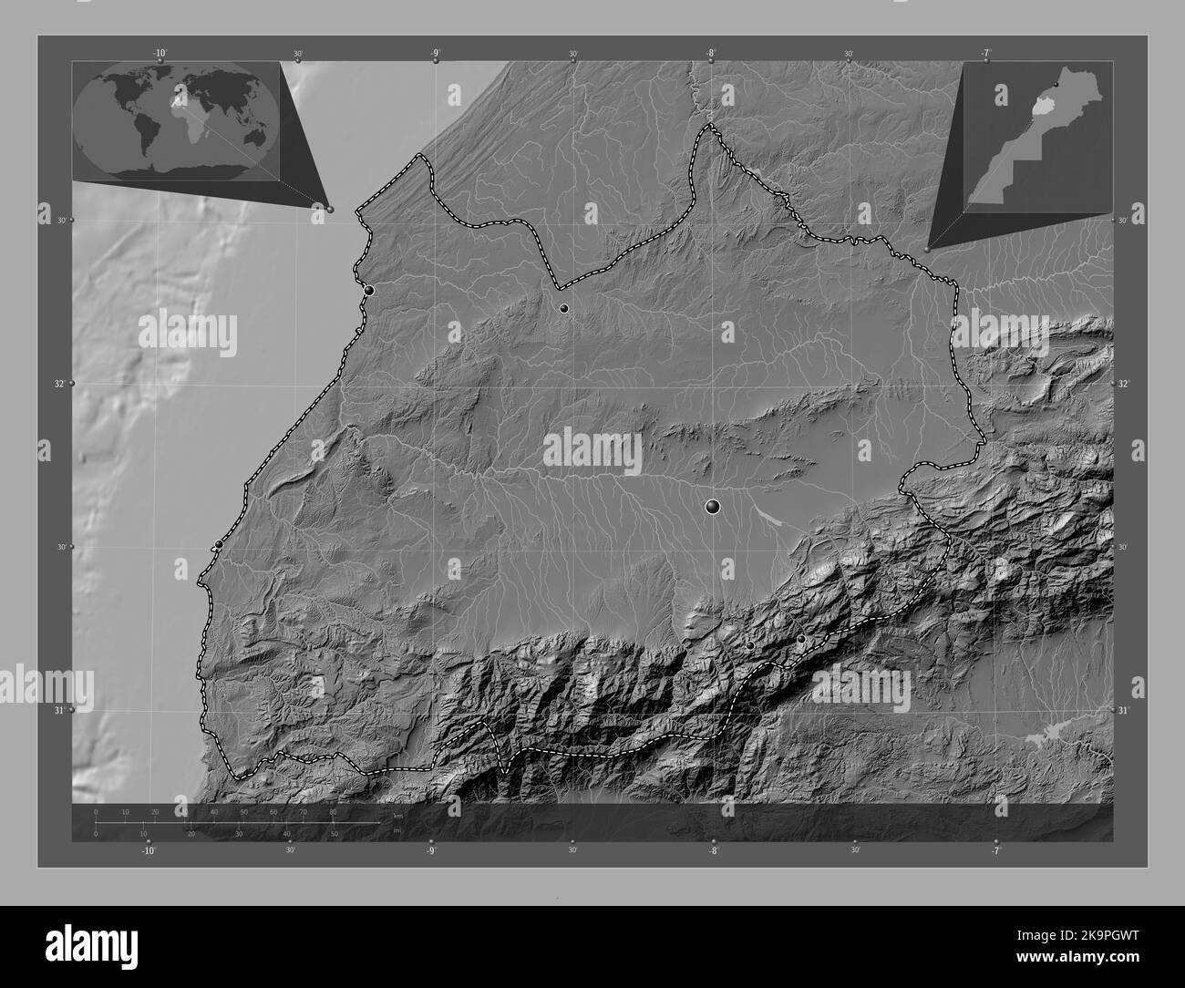 Marrakech-Safi, region of Morocco. Bilevel elevation map with lakes and ...