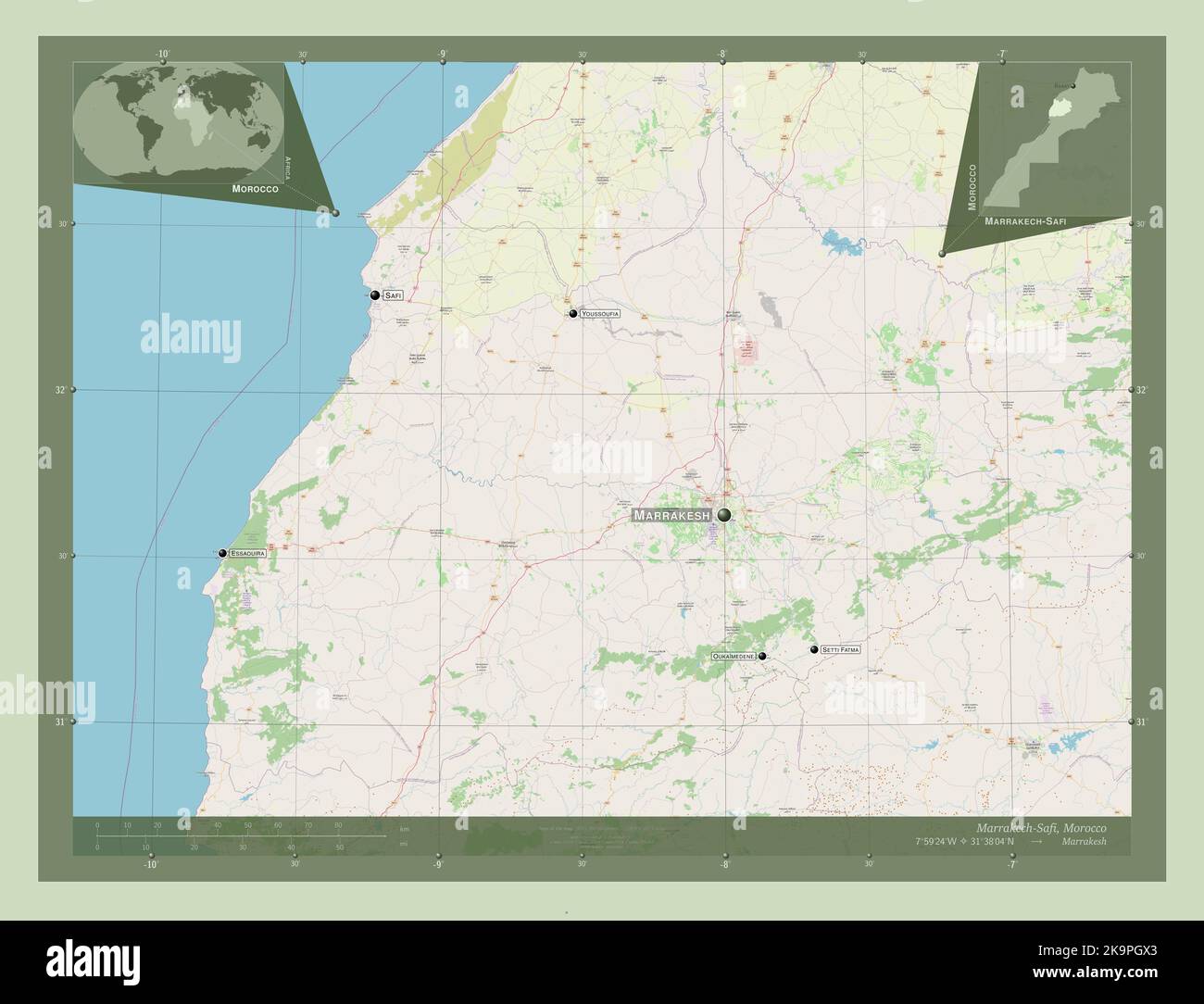 Marrakech-Safi, region of Morocco. Open Street Map. Locations and names ...