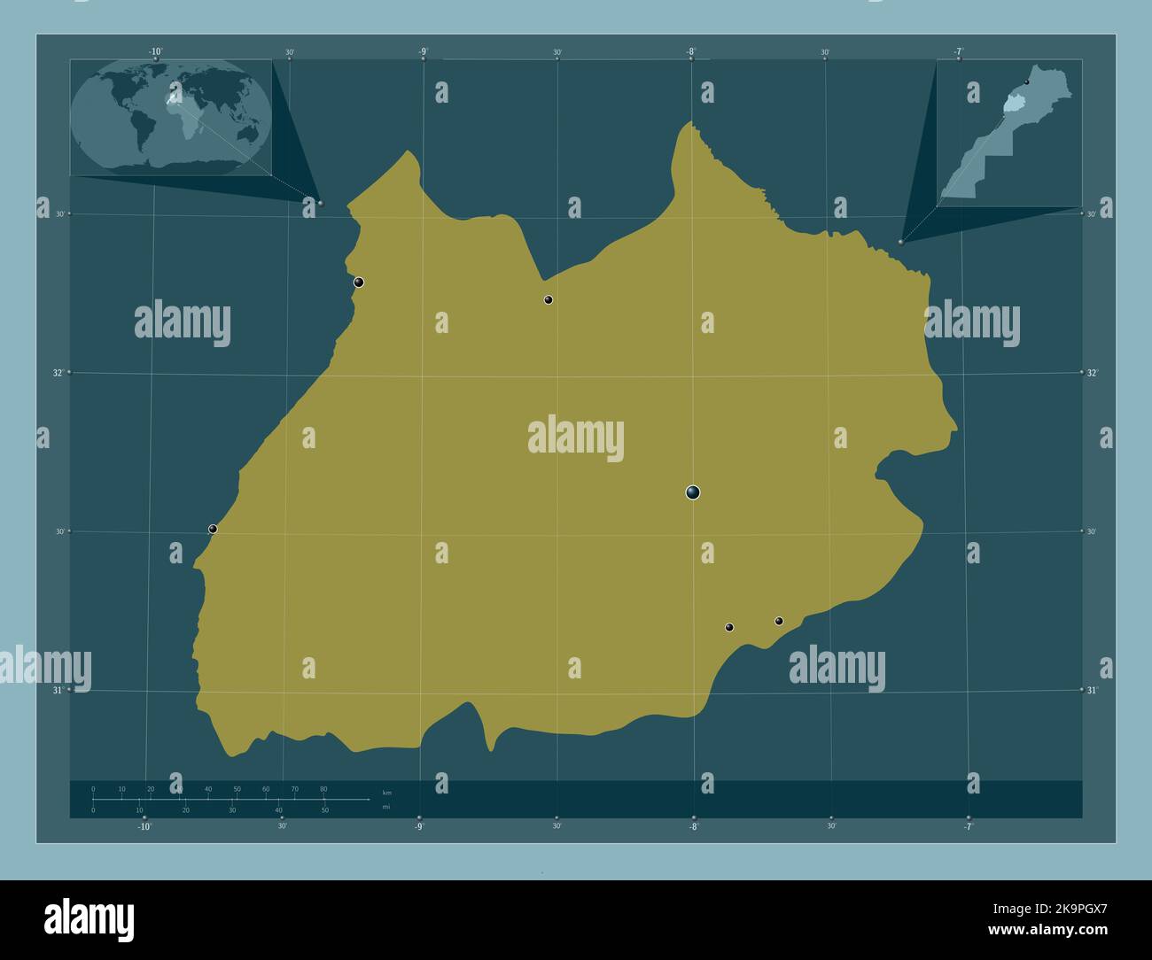Marrakech-Safi, region of Morocco. Solid color shape. Locations of ...