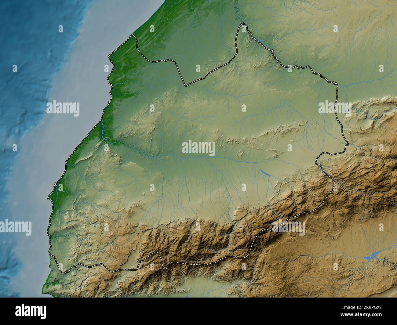 Marrakech-Safi, region of Morocco. Colored elevation map with lakes and ...