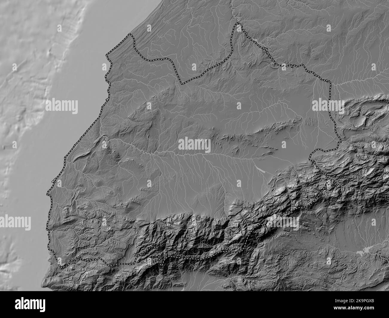 Marrakech-Safi, region of Morocco. Bilevel elevation map with lakes and ...
