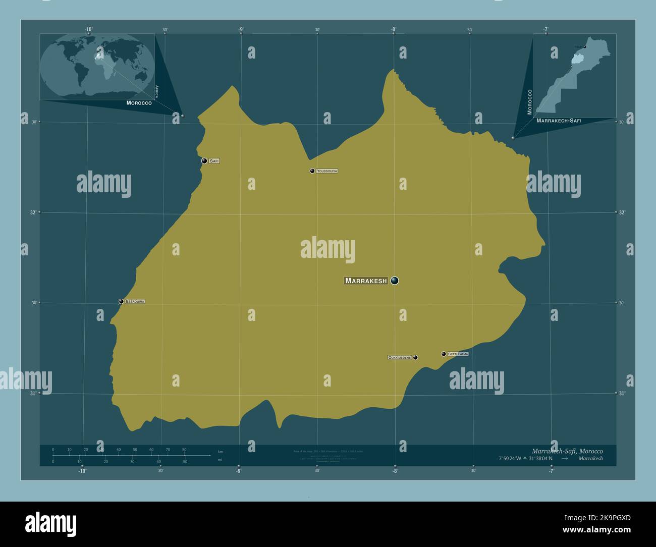 Marrakech-Safi, region of Morocco. Solid color shape. Locations and ...